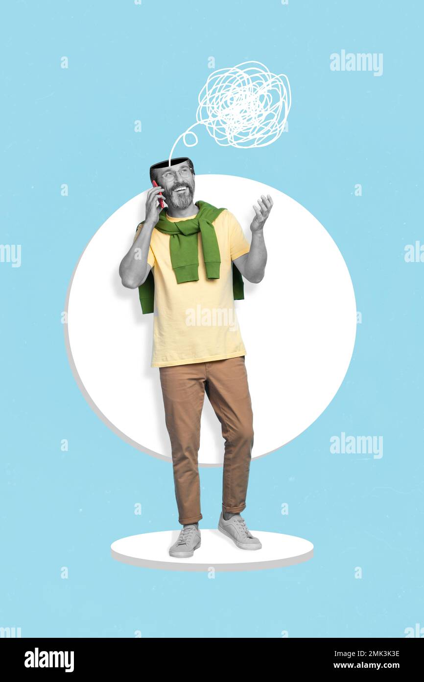 Poster banner collage of male man speak smart gadget solving dilemma on ...