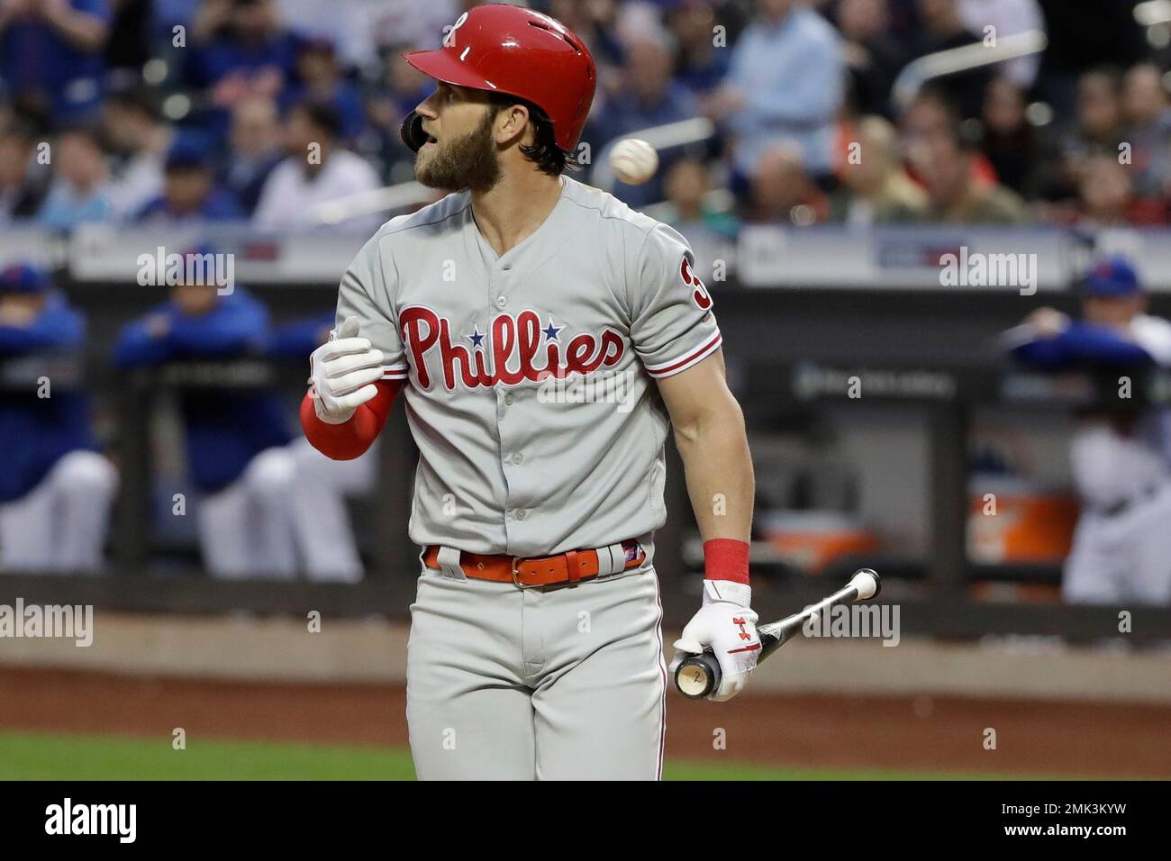 Philadelphia Phillies' Bryce Harper (3) reacts after striking out during the first inning of a ...
