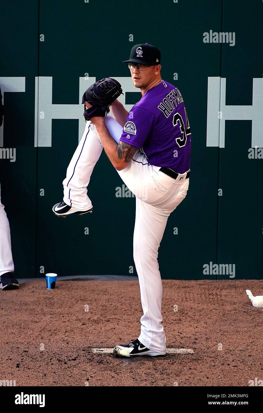 Colorado Rockies starting pitcher Jeff Hoffman warms up in the bull pen ...