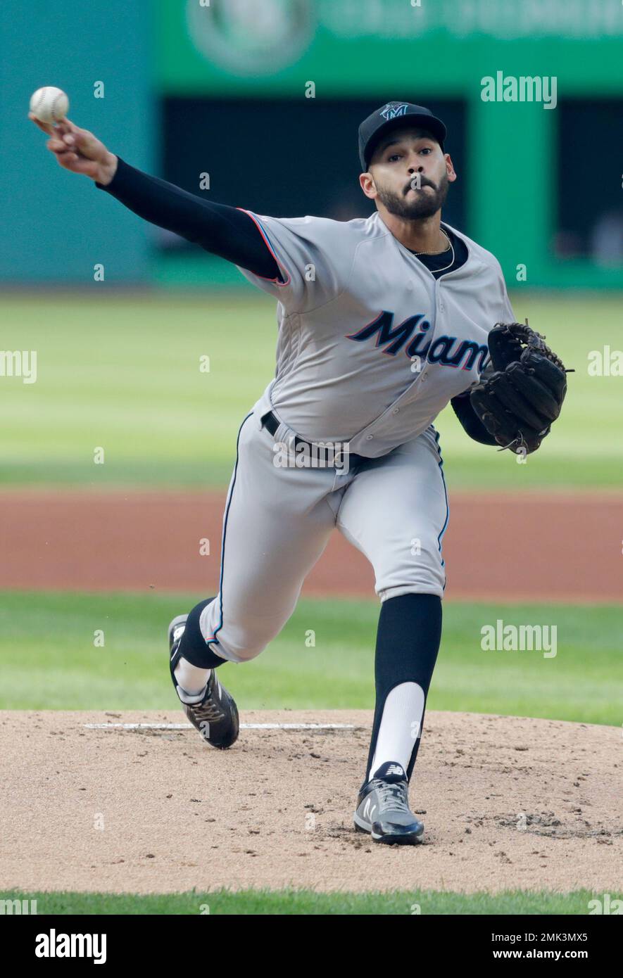 Miami Marlins starting pitcher Pablo Lopez delivers in the first inning ...
