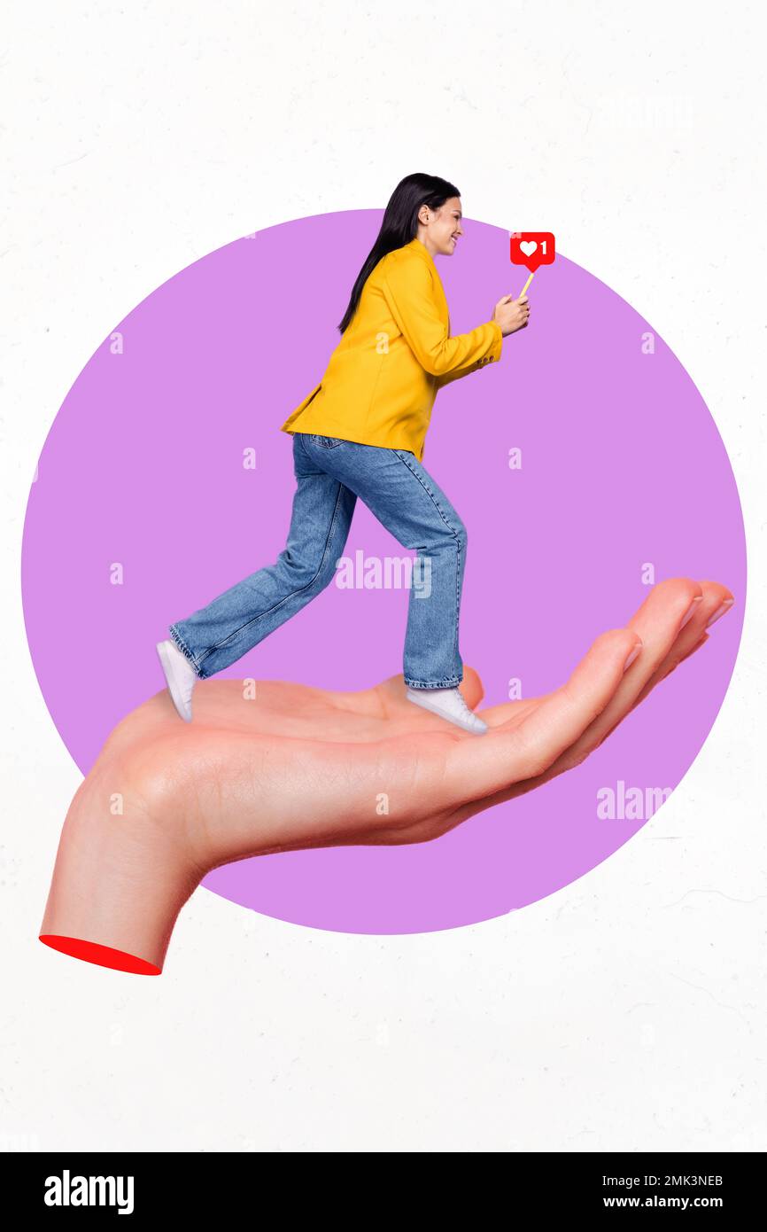 Creative poster ads collage of little girl run fast using smart gadget ...