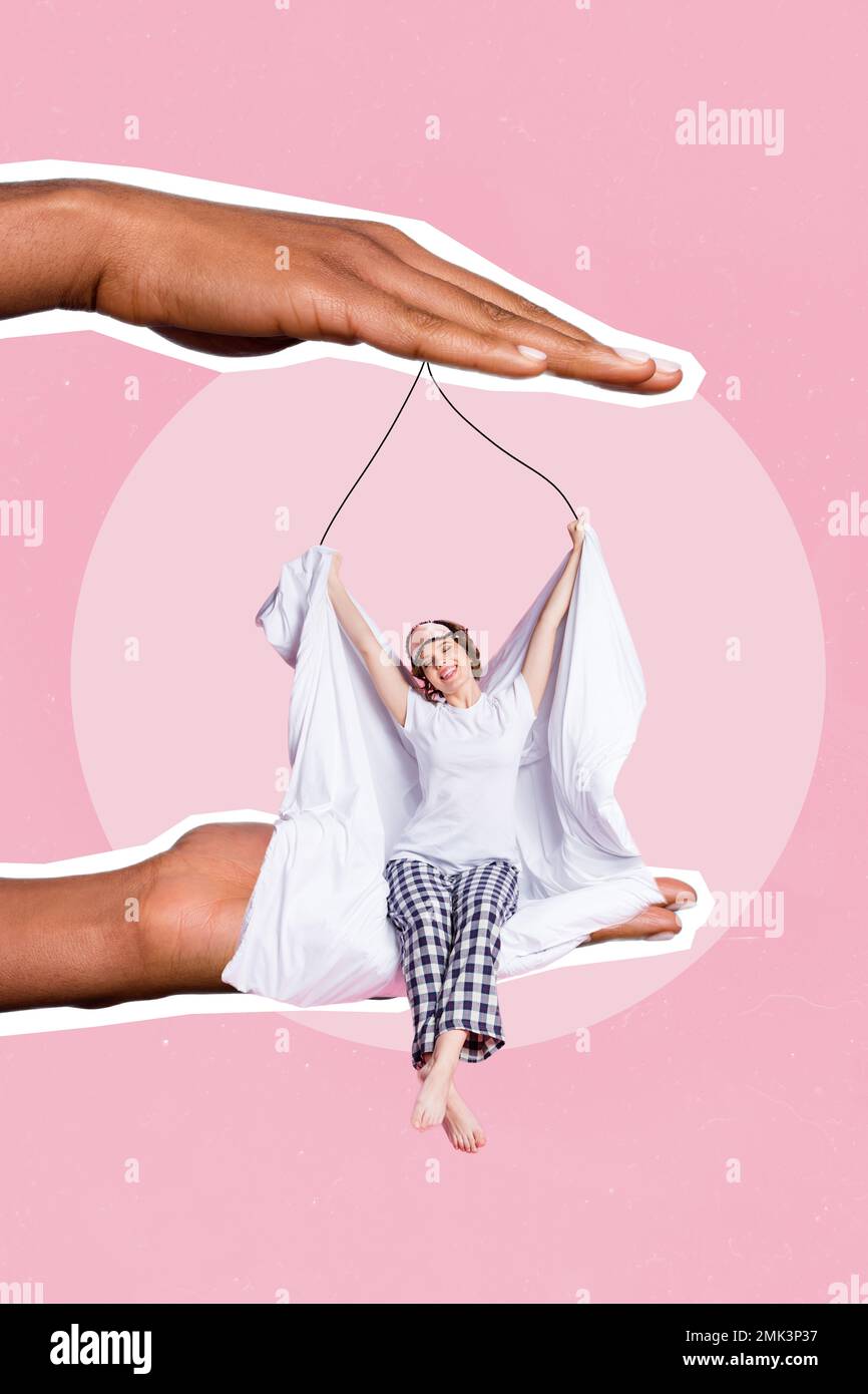 Vertical collage image of two arms palms hold strings mini peaceful ...