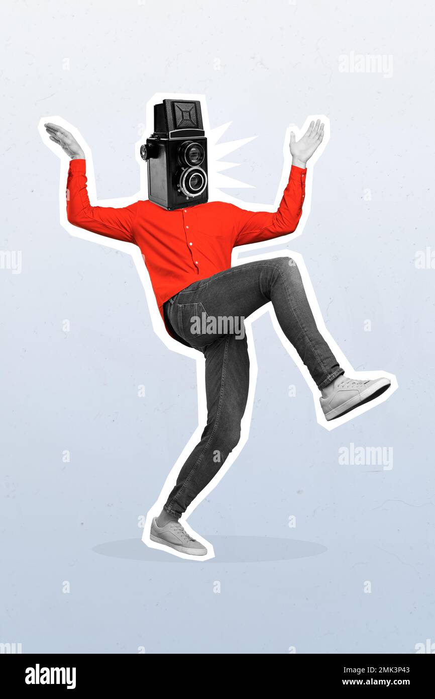 Vertical photo artwork collage of young headless funny guy cameraman ...