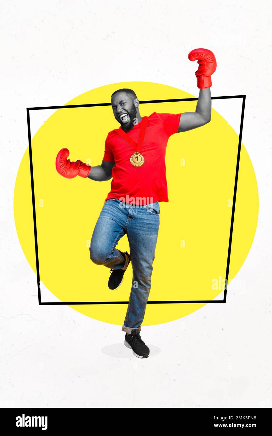 Collage photo of young excited funny competition winner professional ...