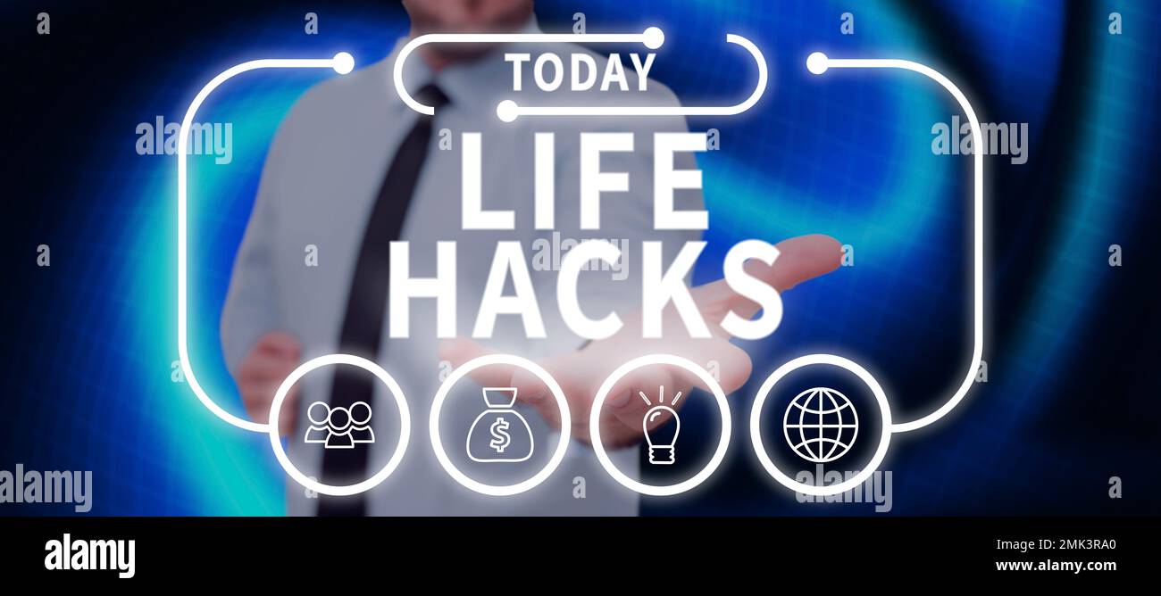 Text caption presenting Life Hacks. Word for Strategy technique to ...