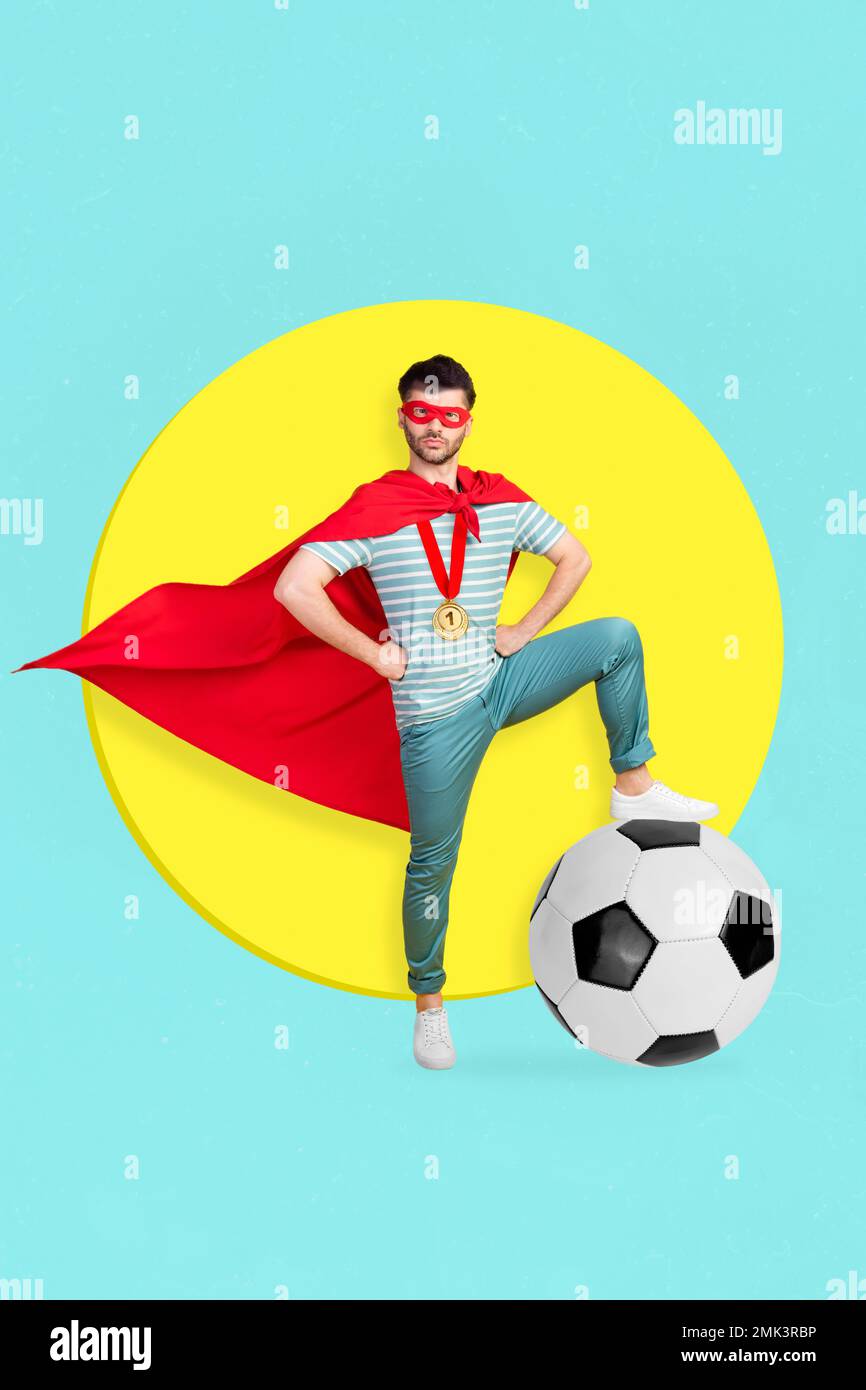 Creative 3d photo collage of young strong sportive superman young guy ...