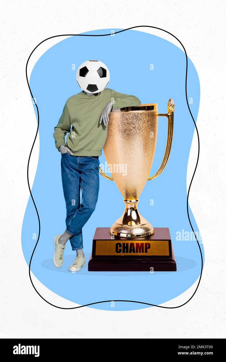 Creative advert collage of funky weird guy with football ball face ...