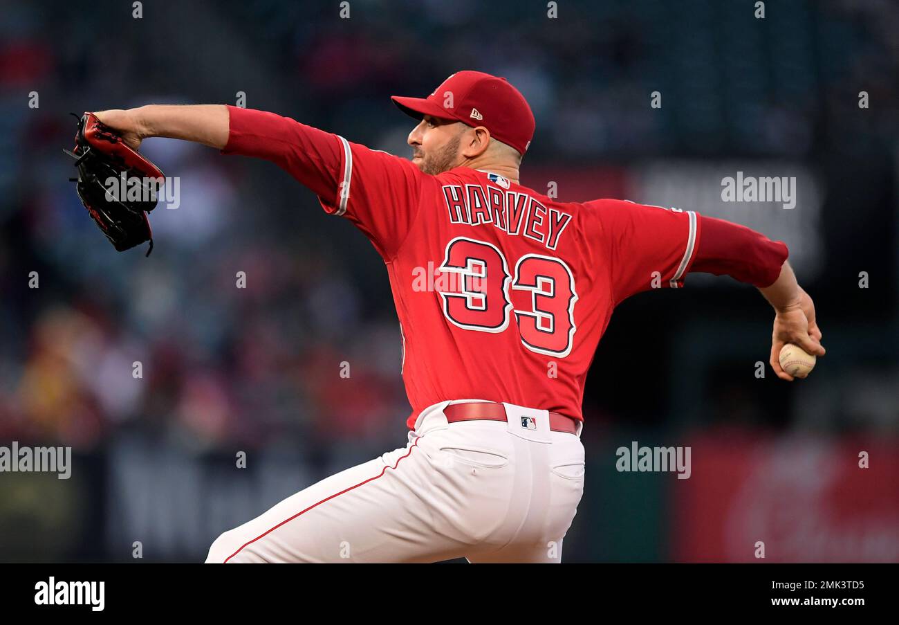 Los Angeles Angels starting pitcher Matt Harvey throws to the plate ...