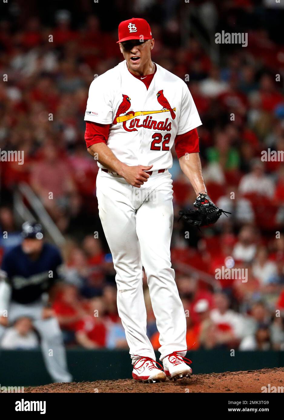 St. Louis Cardinals starting pitcher Jack Flaherty yells after striking ...