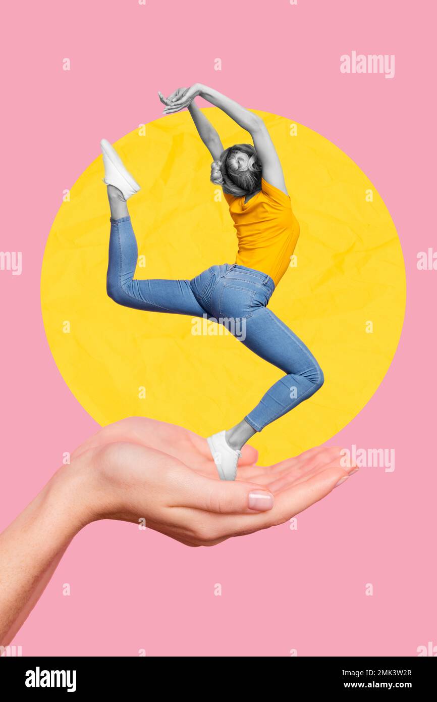 Composite collage photo of young active sportswoman jumping stretching ...