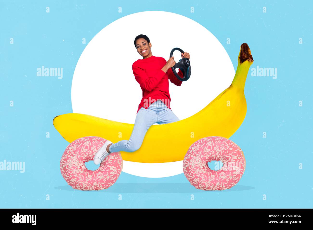 Creative 3d artwork photo collage of young smiling girl drive steering ...