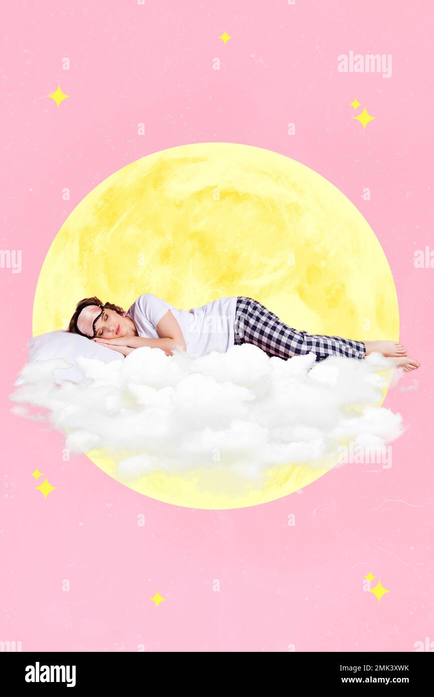 Vertical collage picture of calm sleeping girl laying clouds pillow ...