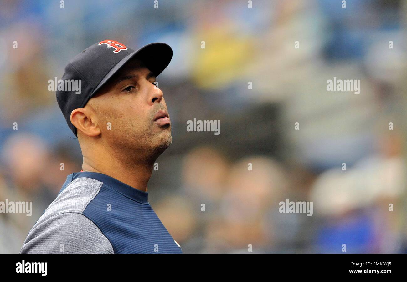 Boston Red Sox manager Alex Cora looks into the stands before a ...