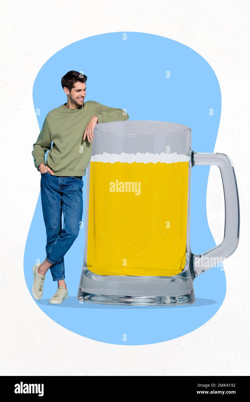 Vertical collage image of positive guy look big large pint glass beer ...