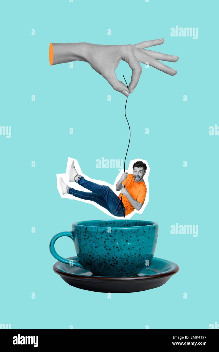 Vertical collage image of huge black white colors arm fingers hold ...