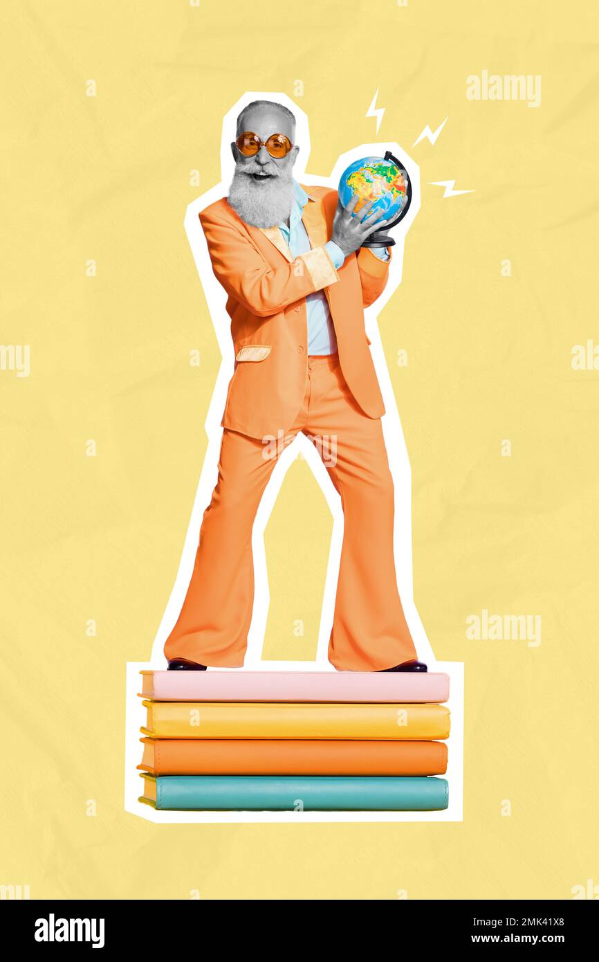 Vertical collage picture of excited funky grandfather stand huge pile ...