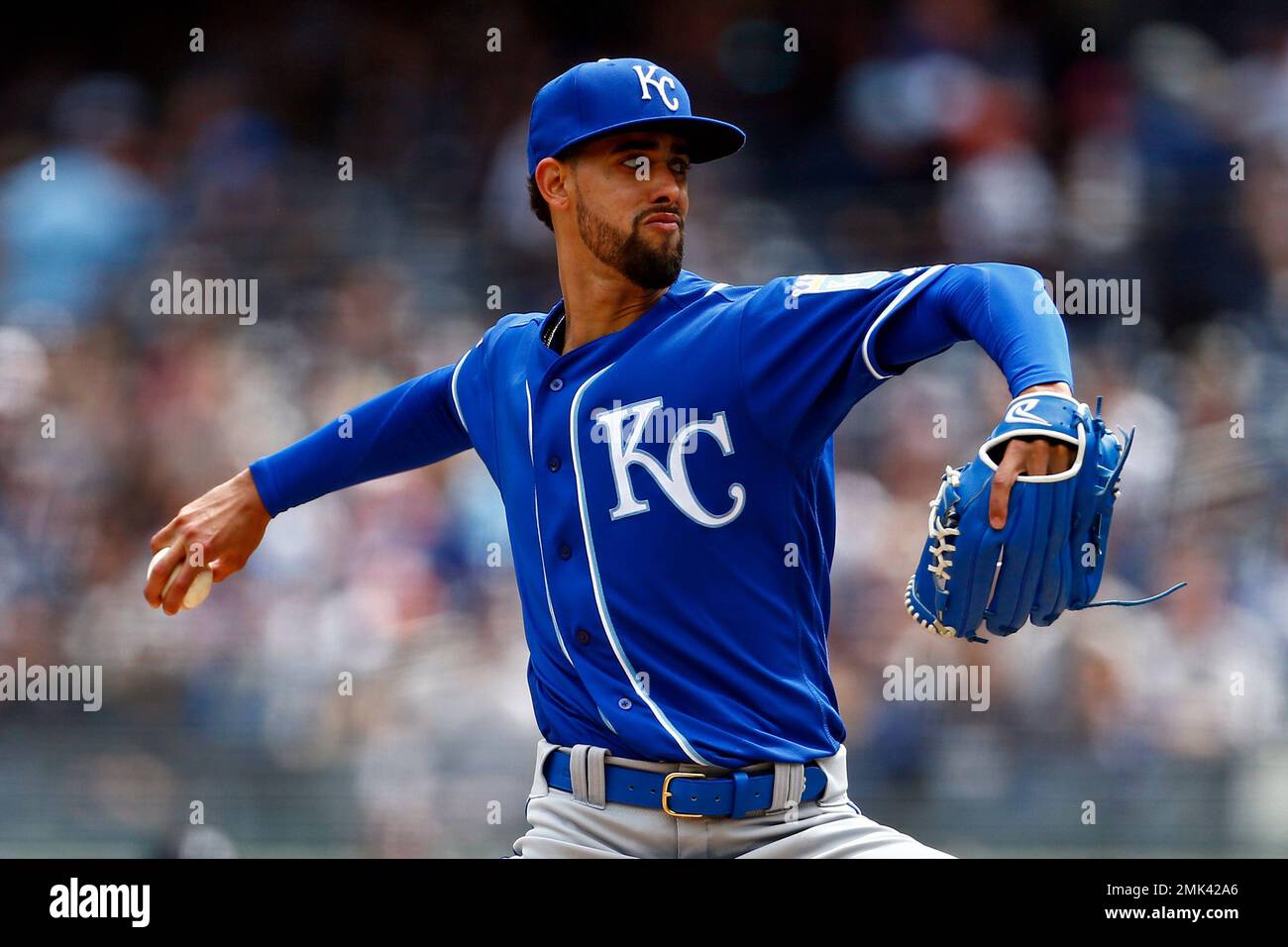 Kansas City Royals pitcher Jorge Lopez (28) delivers a pitch during the ...