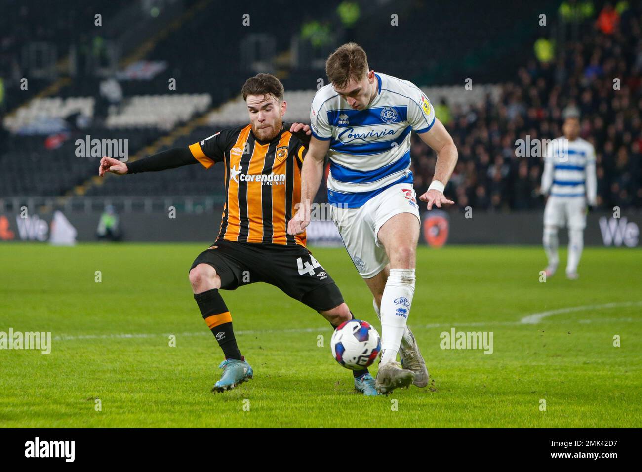 Aaron Connolly #44 of Hull City and Jimmy Dunne #3 of QPR during the ...
