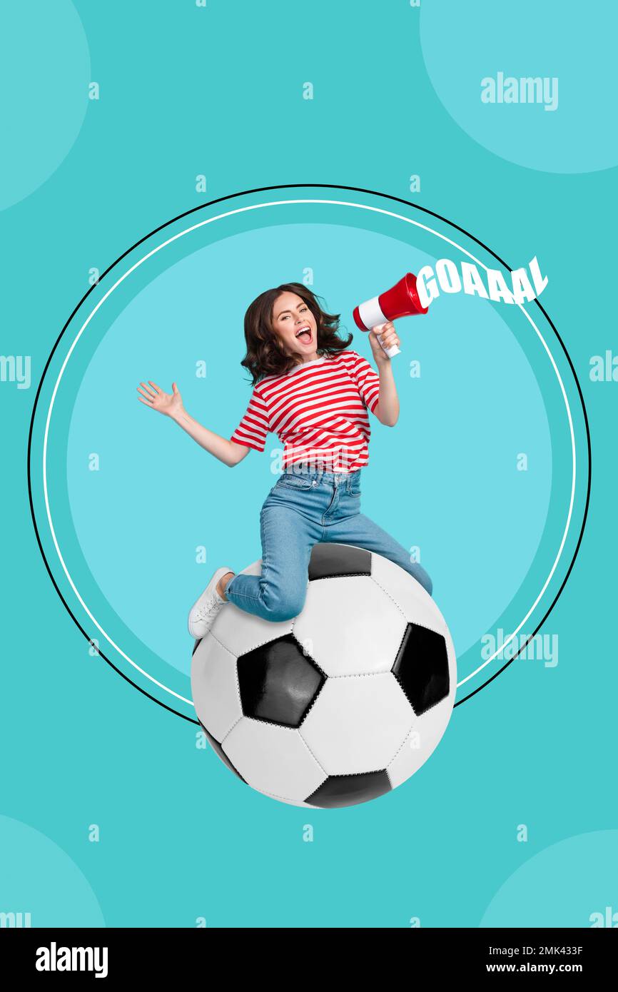 Vertical collage image of excited funky girl sit huge football hold ...