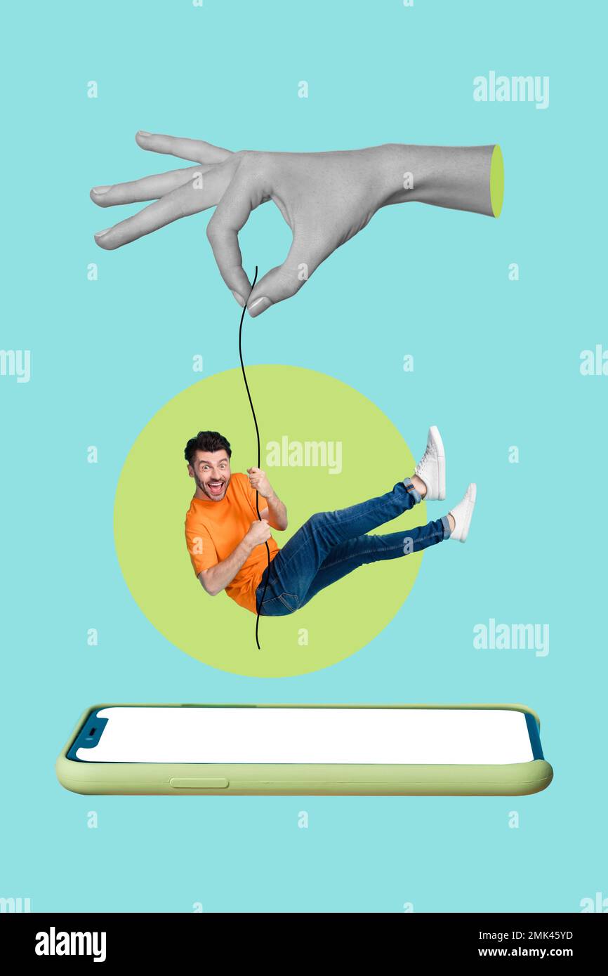 Magazine creative collage of funny young guy human hang pulling out ...