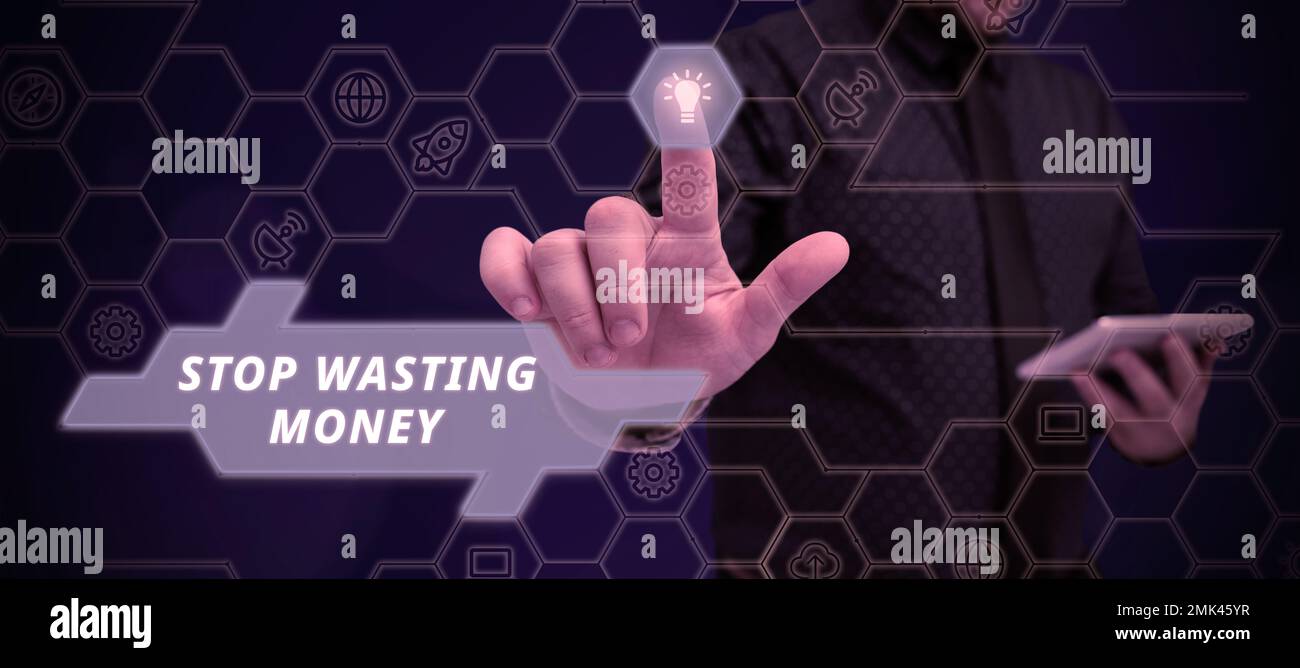 Hand writing sign Stop Wasting Money. Word for advicing person or group ...