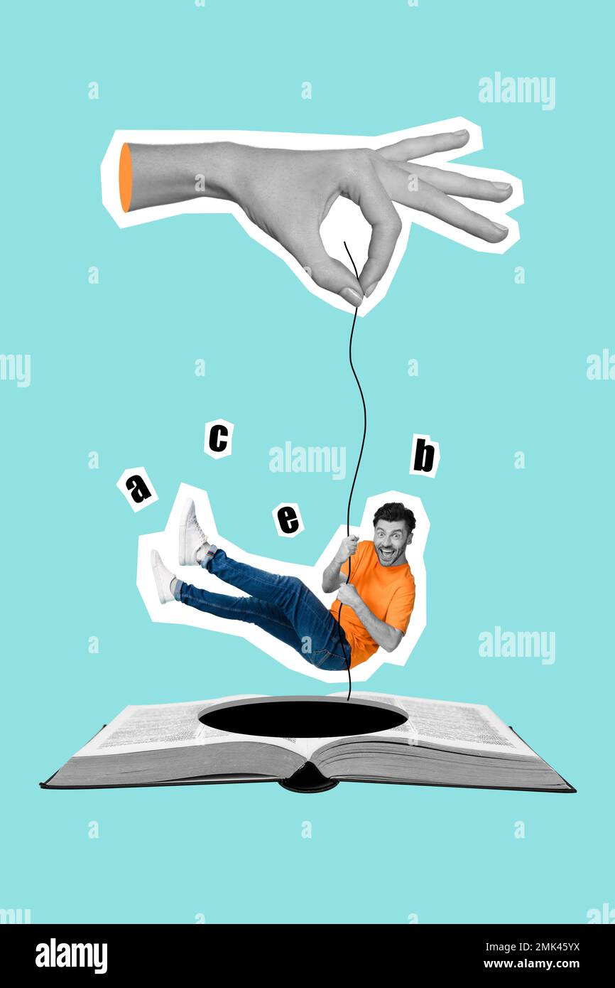 Template magazine collage of funky guy falling from rope fingers into ...