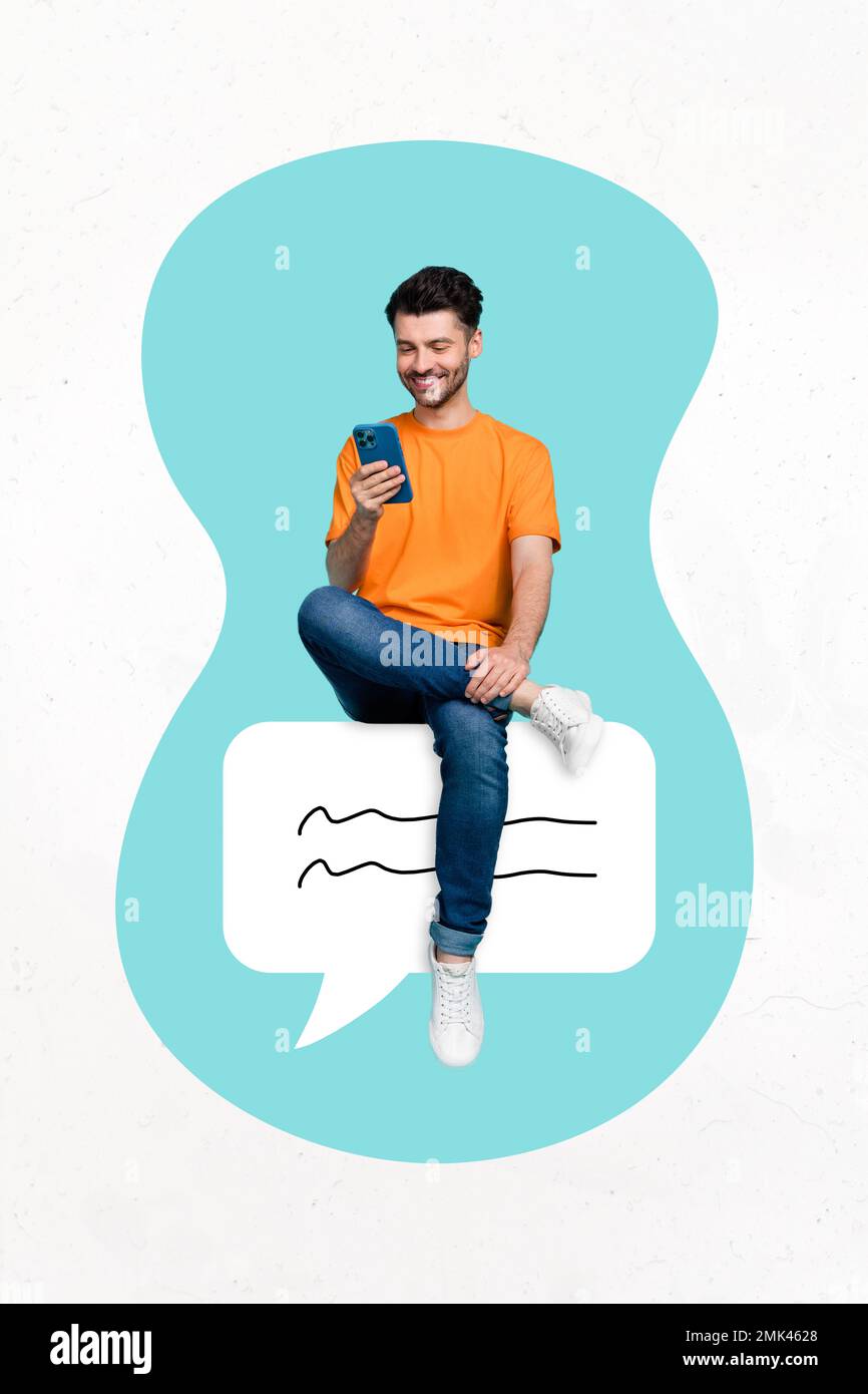 Magazine template collage of young guy smm using smart gadget chatting ...