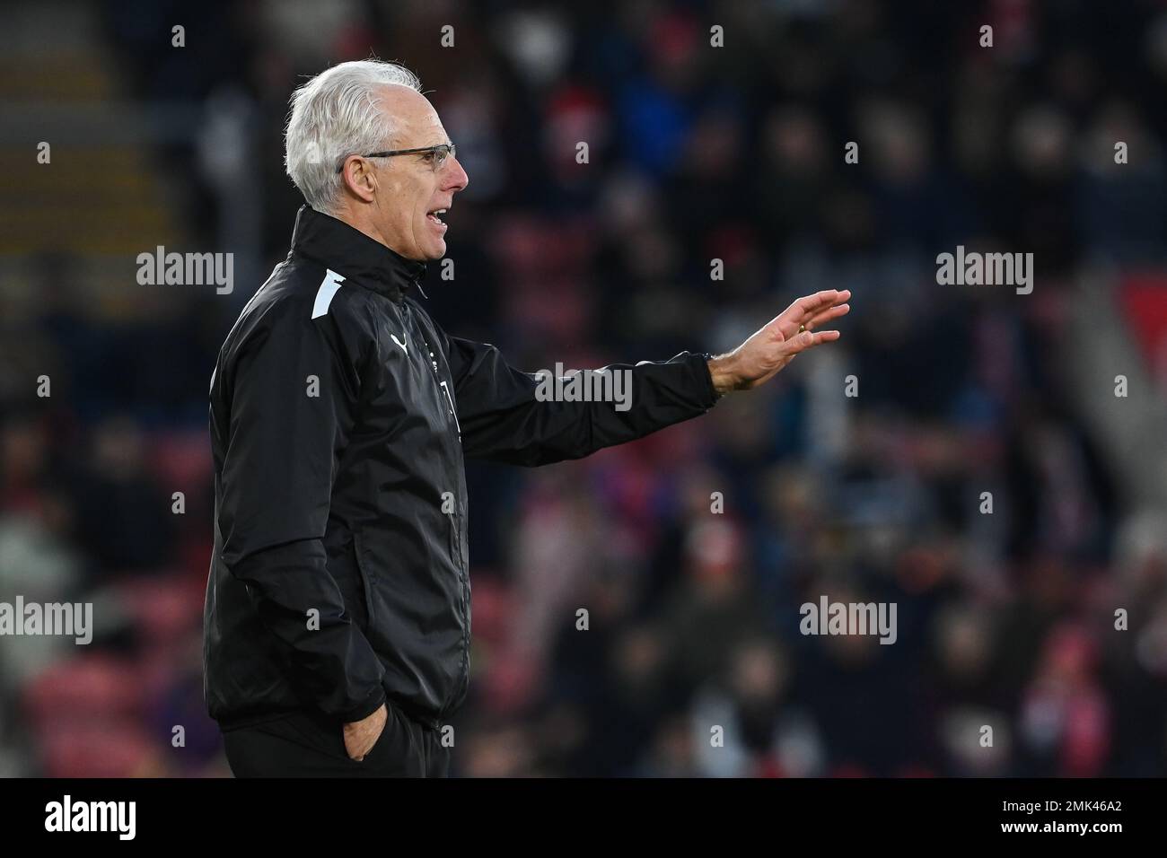 Mick McCarthy Manager of Blackpool gives his team instructions during ...