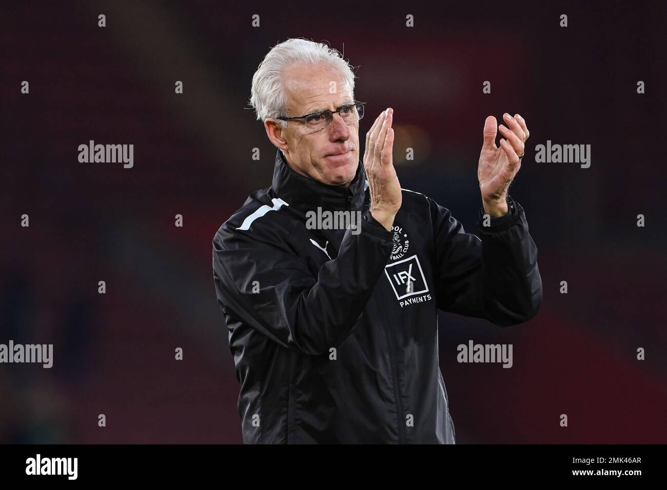 Mick McCarthy Manager of Blackpool applauds the fans at the end of the ...
