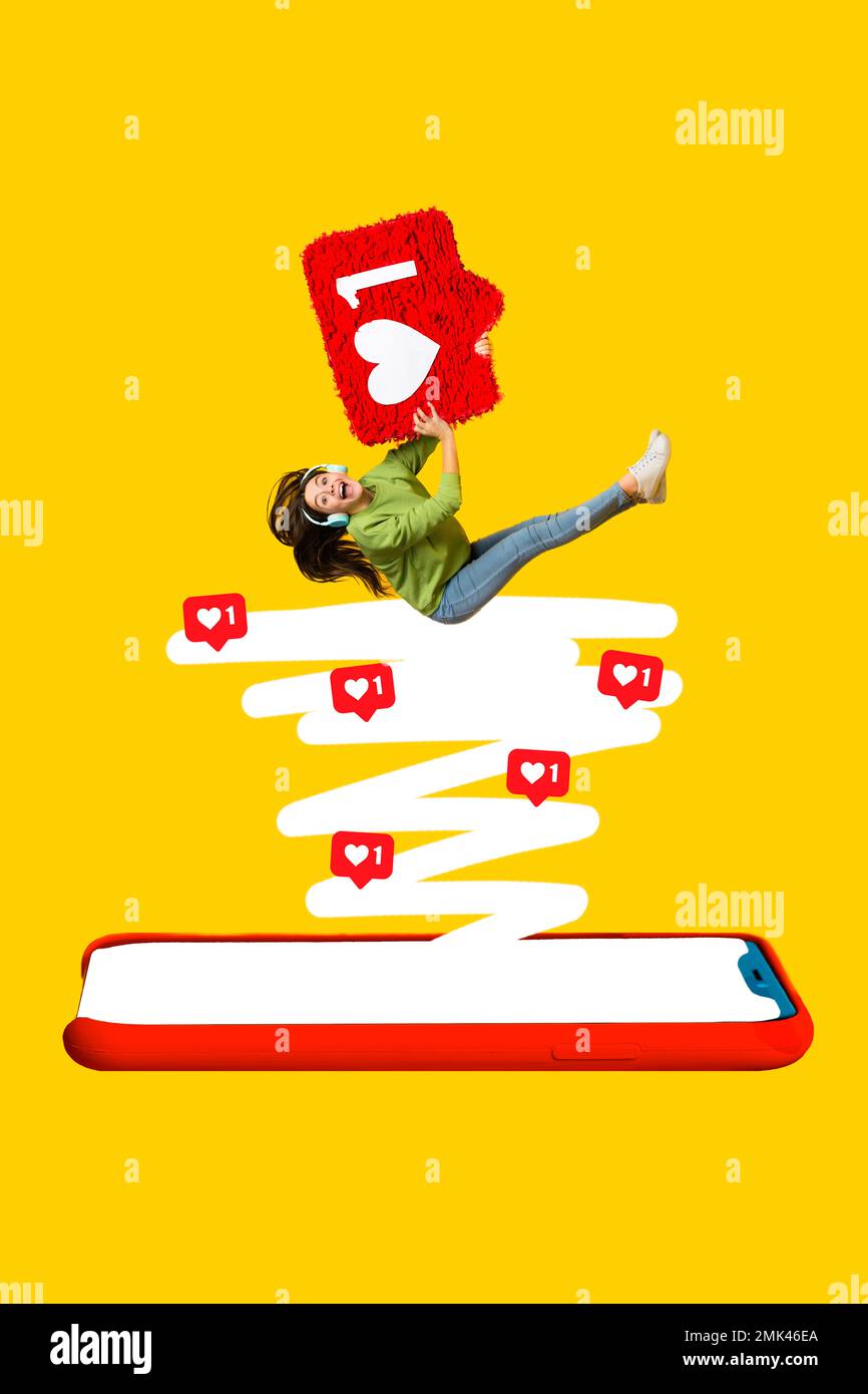 Magazine poster collage of little girl falling down smart device follow ...