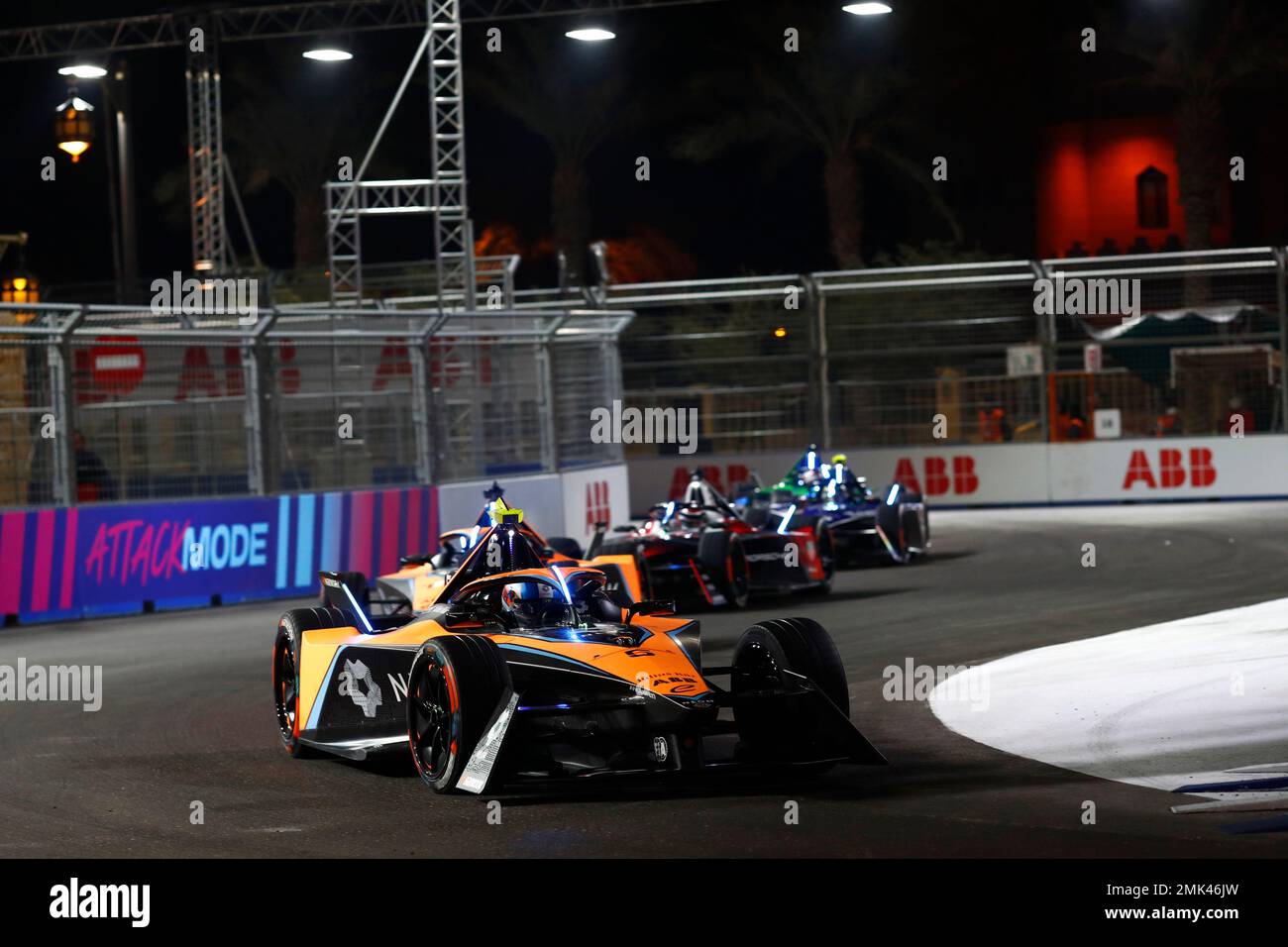 1/28/2023 - Jake Hughes, NEOM McLaren Formula E Team, e-4ORCE 04, leads Rene Rast, NEOM McLaren ...