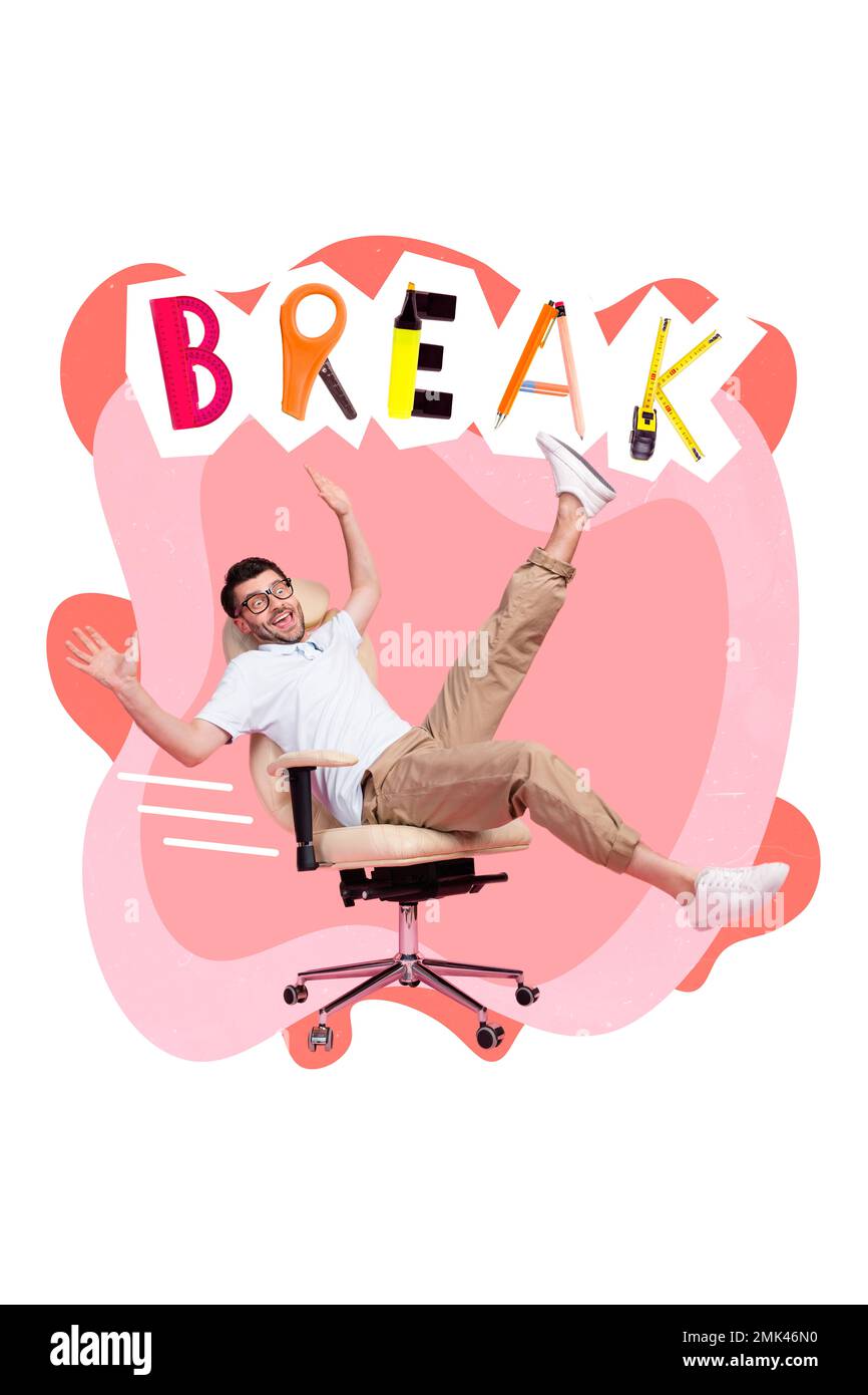 Template magazine collage of funny happy young guy manager enjoy work ...