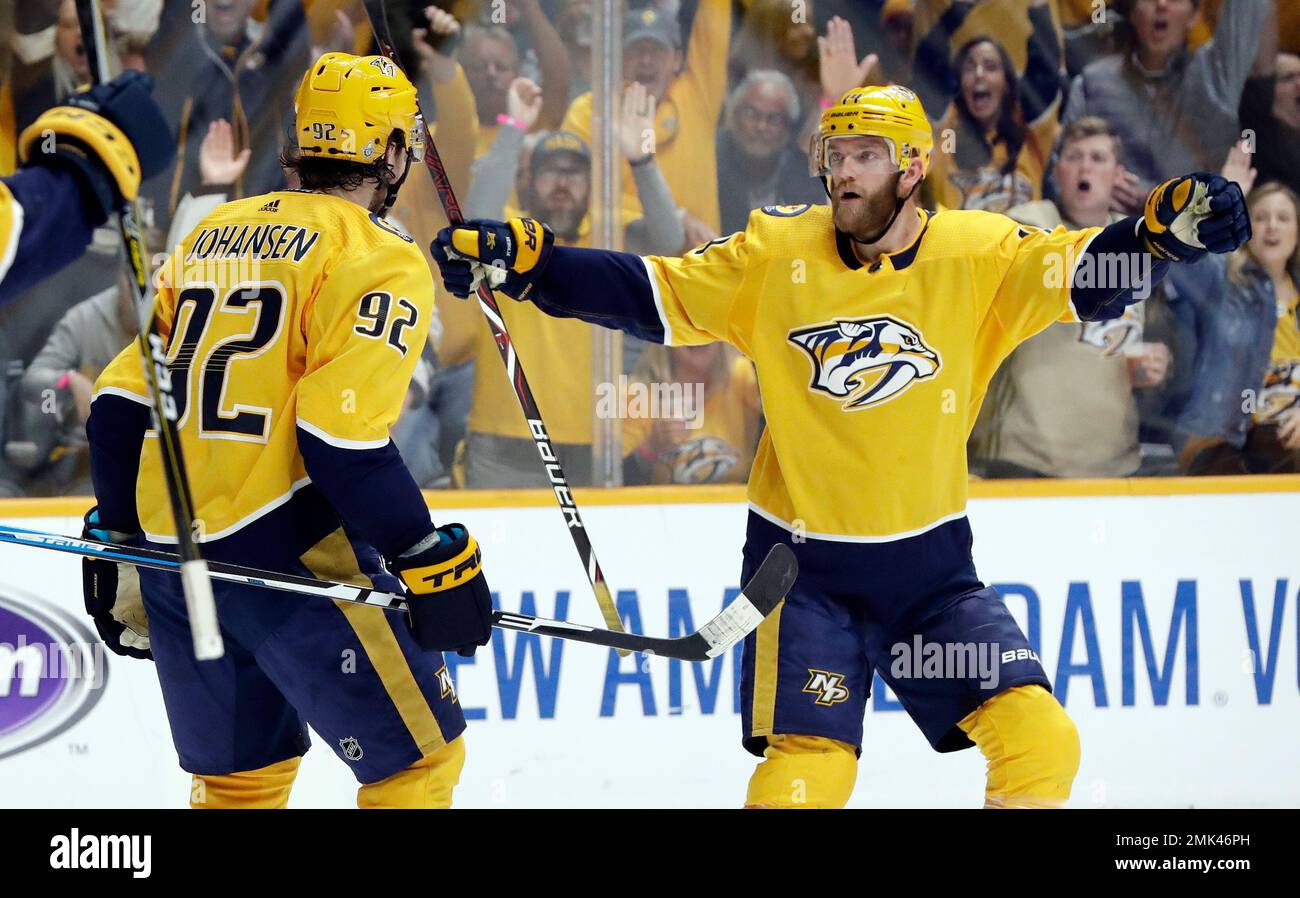 Nashville Predators center Ryan Johansen (92) is congratulated by ...