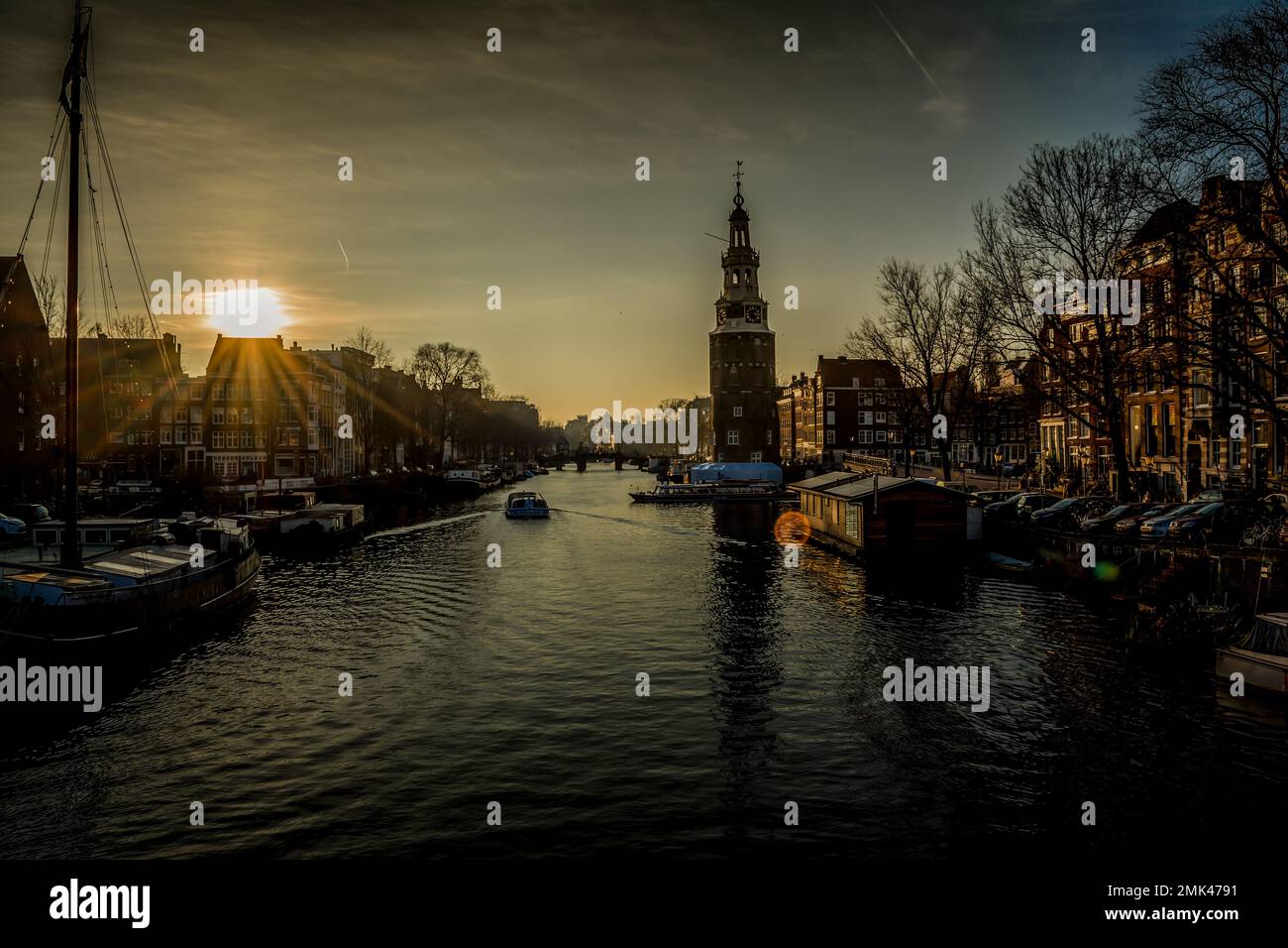 Sunset in the street of beautiful and the capital city of Holland ...