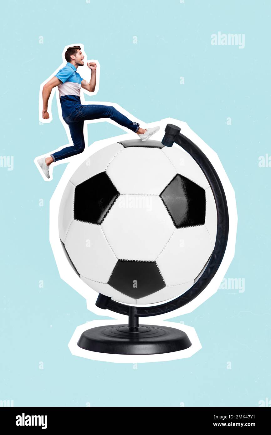 Magazine poster collage of little guy run fast on 3d soccer ball hurry ...