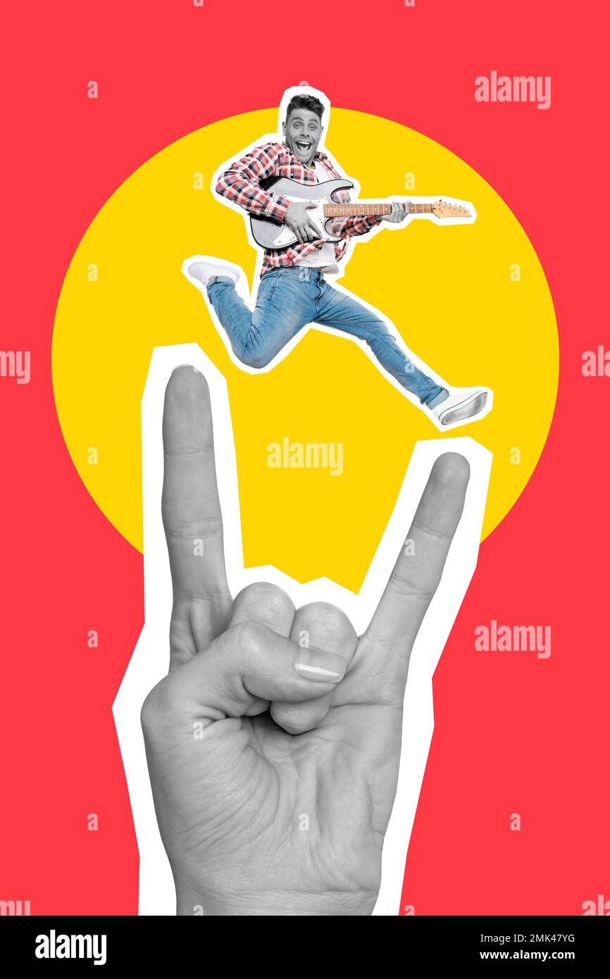 Creative magazine collage of funny guy youth rocker jump up play bank ...