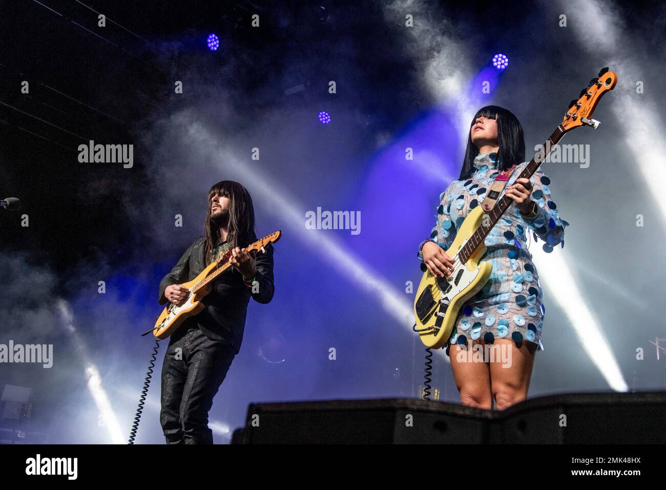 Mark Speer, left, and Laura Lee of Khruangbin perform at the Coachella Music & Arts Festival at ...