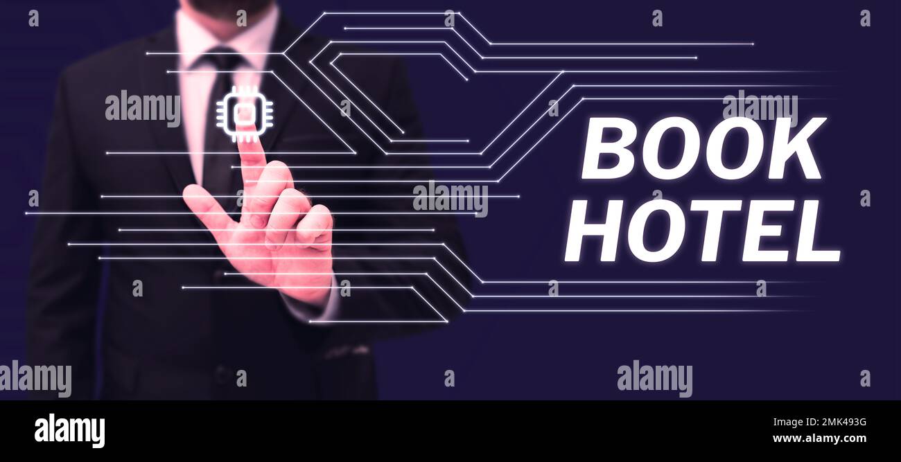 Hand writing sign Book Hotel. Word Written on an arrangement you make ...