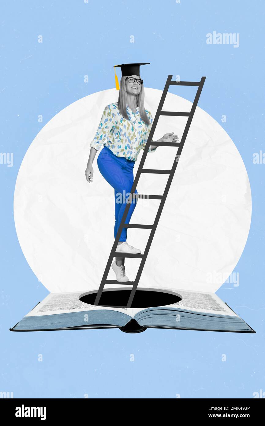 Creative metaphor collage banner of female lady climb ladder up from ...