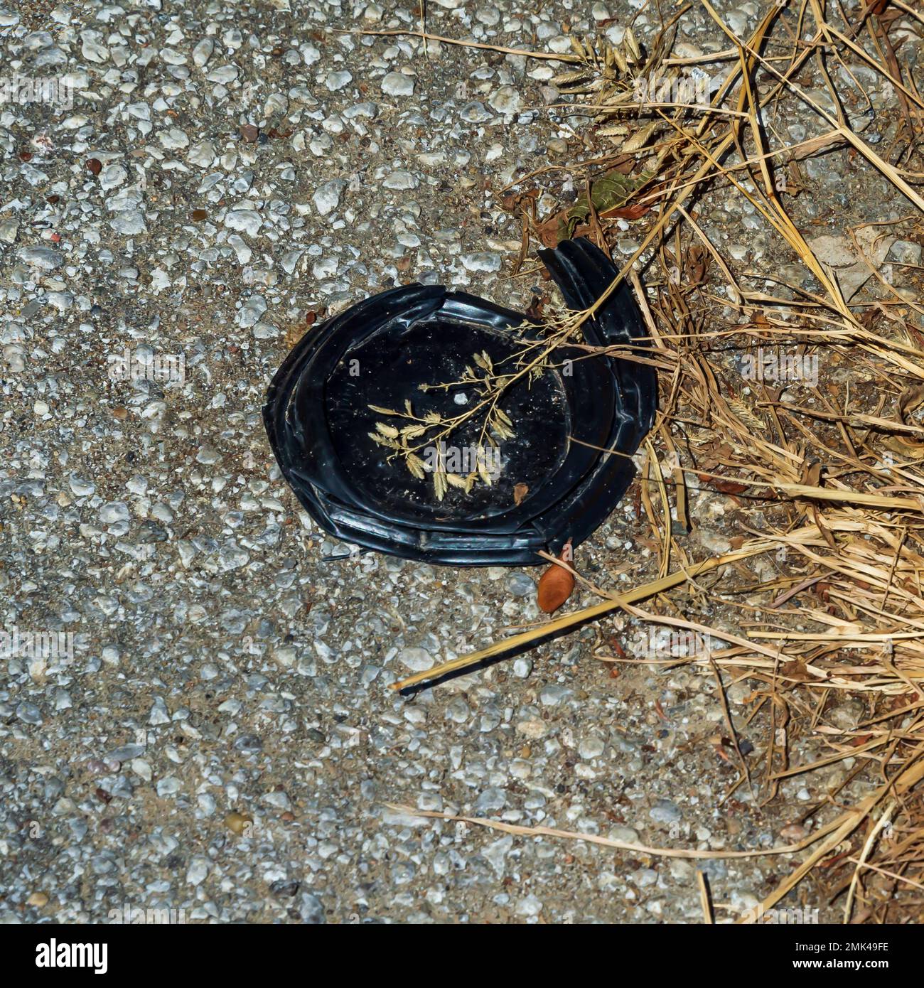Plastic litter lays with dry grass at the edge of a parking lot Stock ...