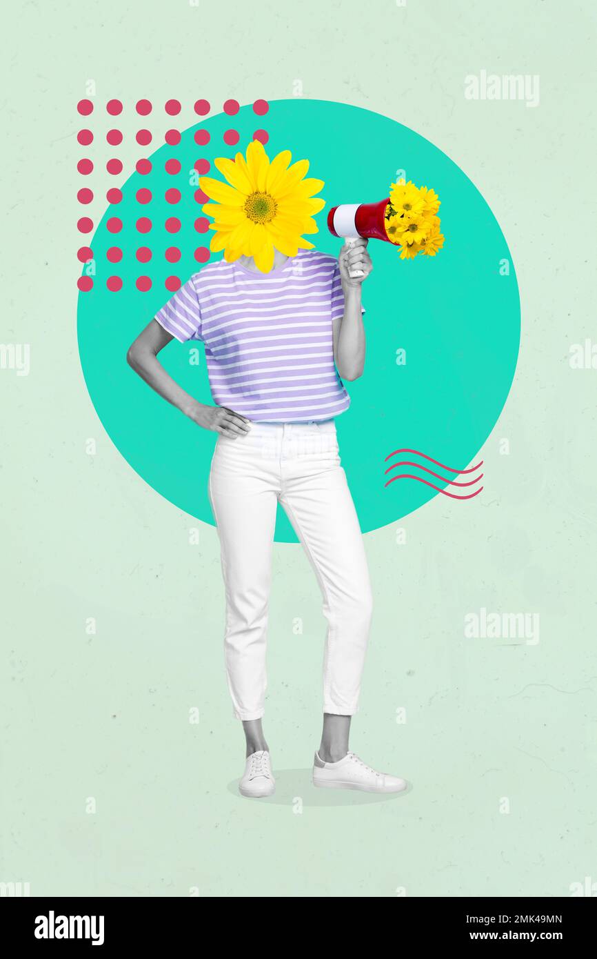 Creative banner collage of weird young people with yellow daisy face ...
