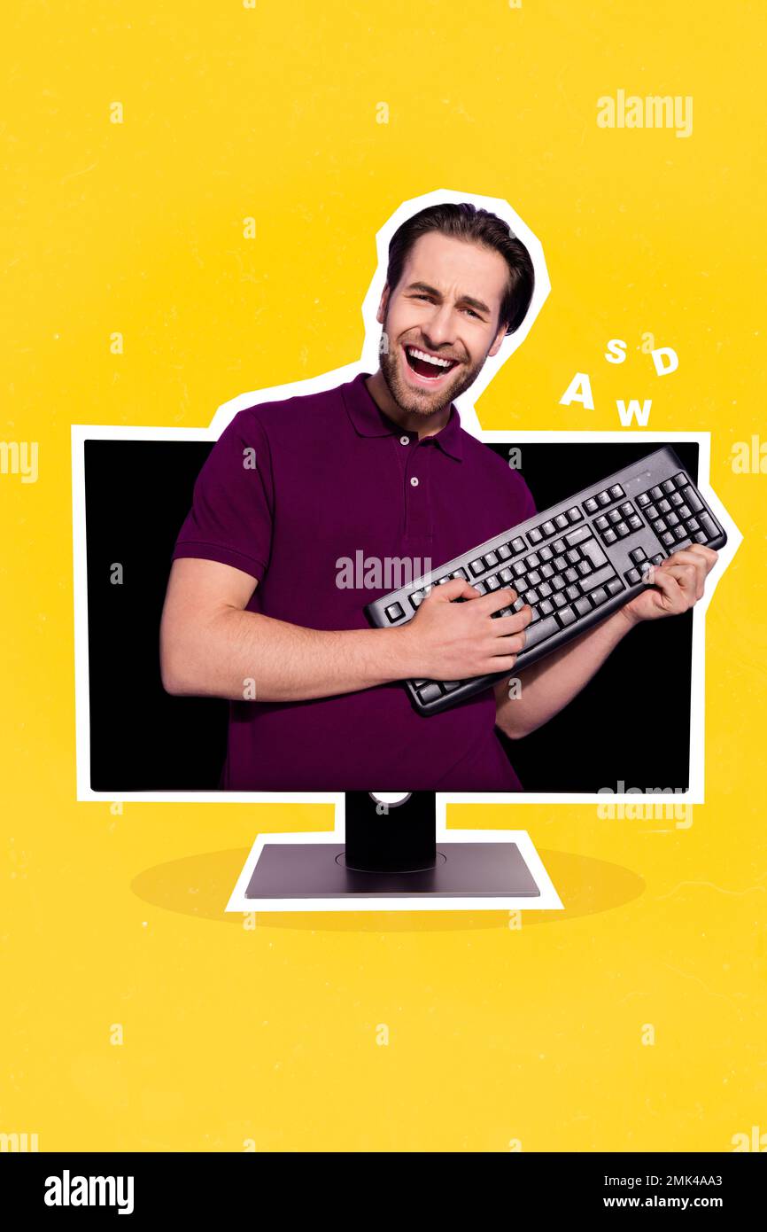 Vertical collage image of overjoyed funky guy inside pc monitor arms ...