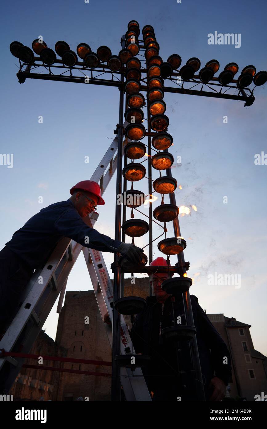 A view of the cross, lit ahead of Pope Francis arrival for the Via ...