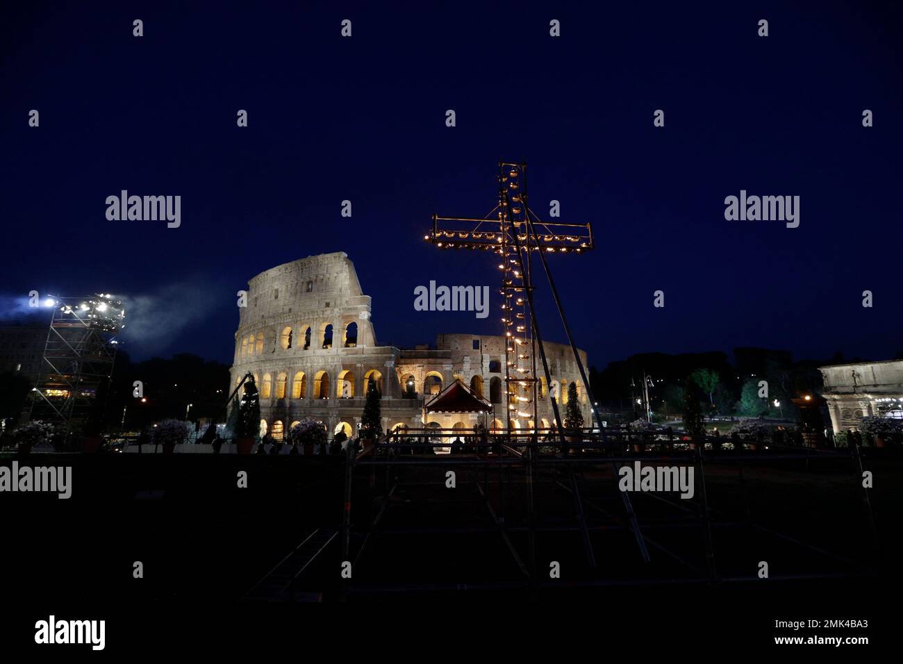 A view of the cross, lit ahead of Pope Francis arrival for the Via ...