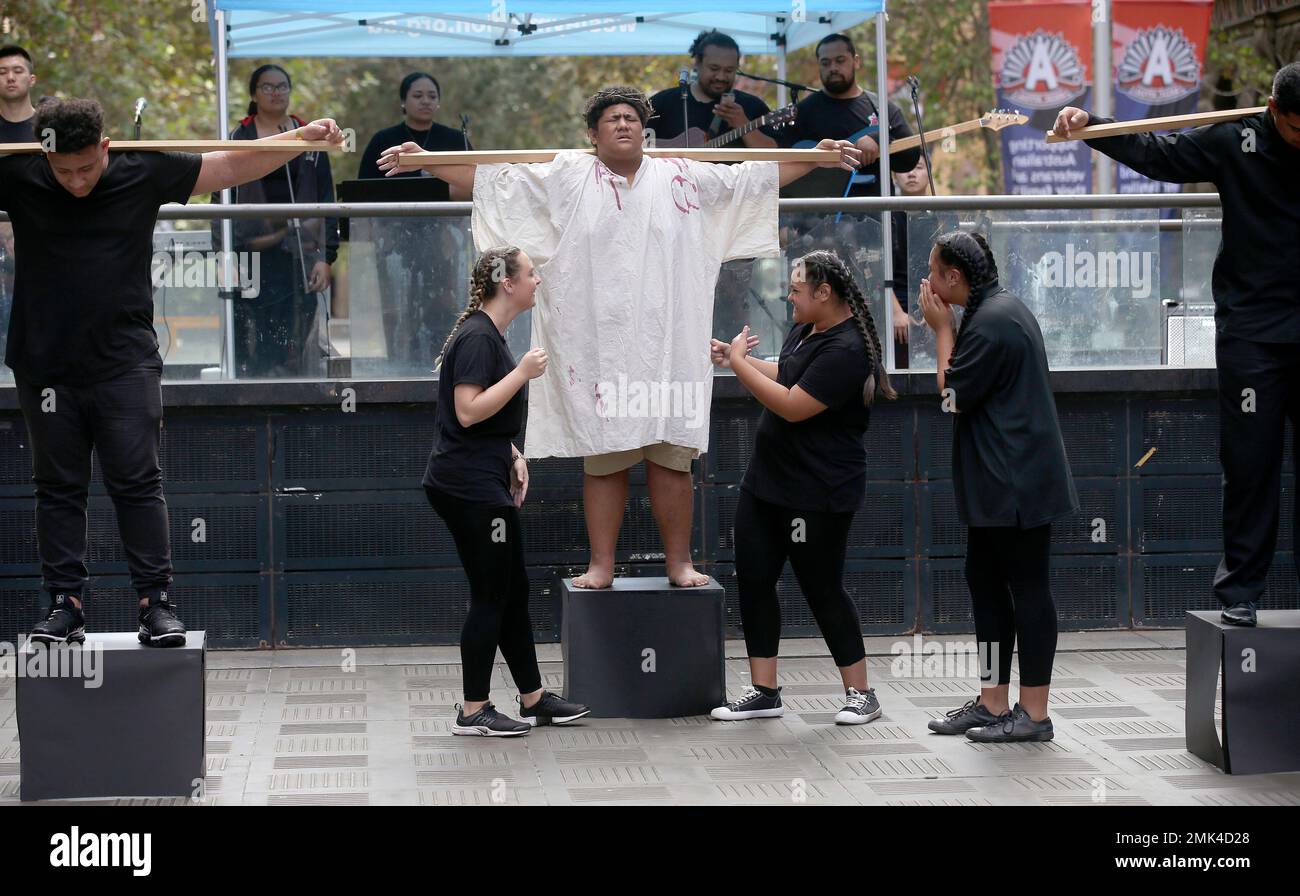 Tauota Leupolu, center, plays Jesus Christ during a performance from ...