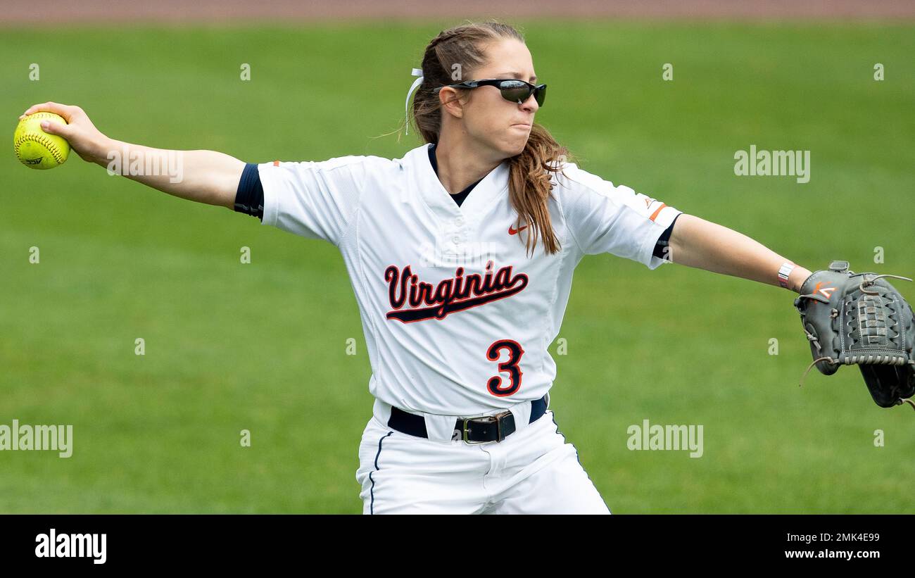 Virginia's Bailey Winscott (3) makes a throw during an NCAA softball ...