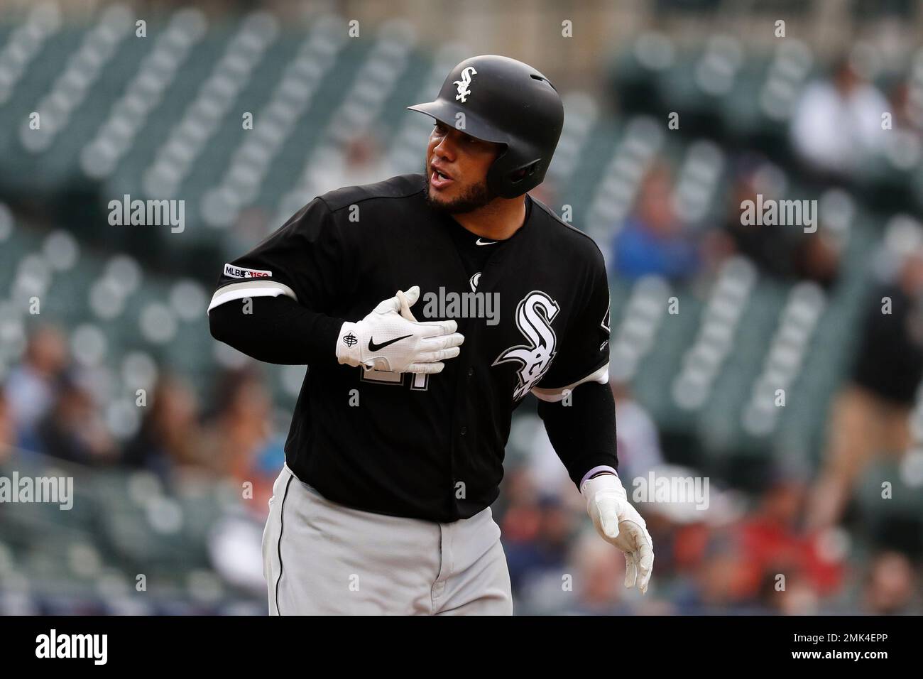 Chicago White Sox's Welington Castillo reacts towards his dugout after ...