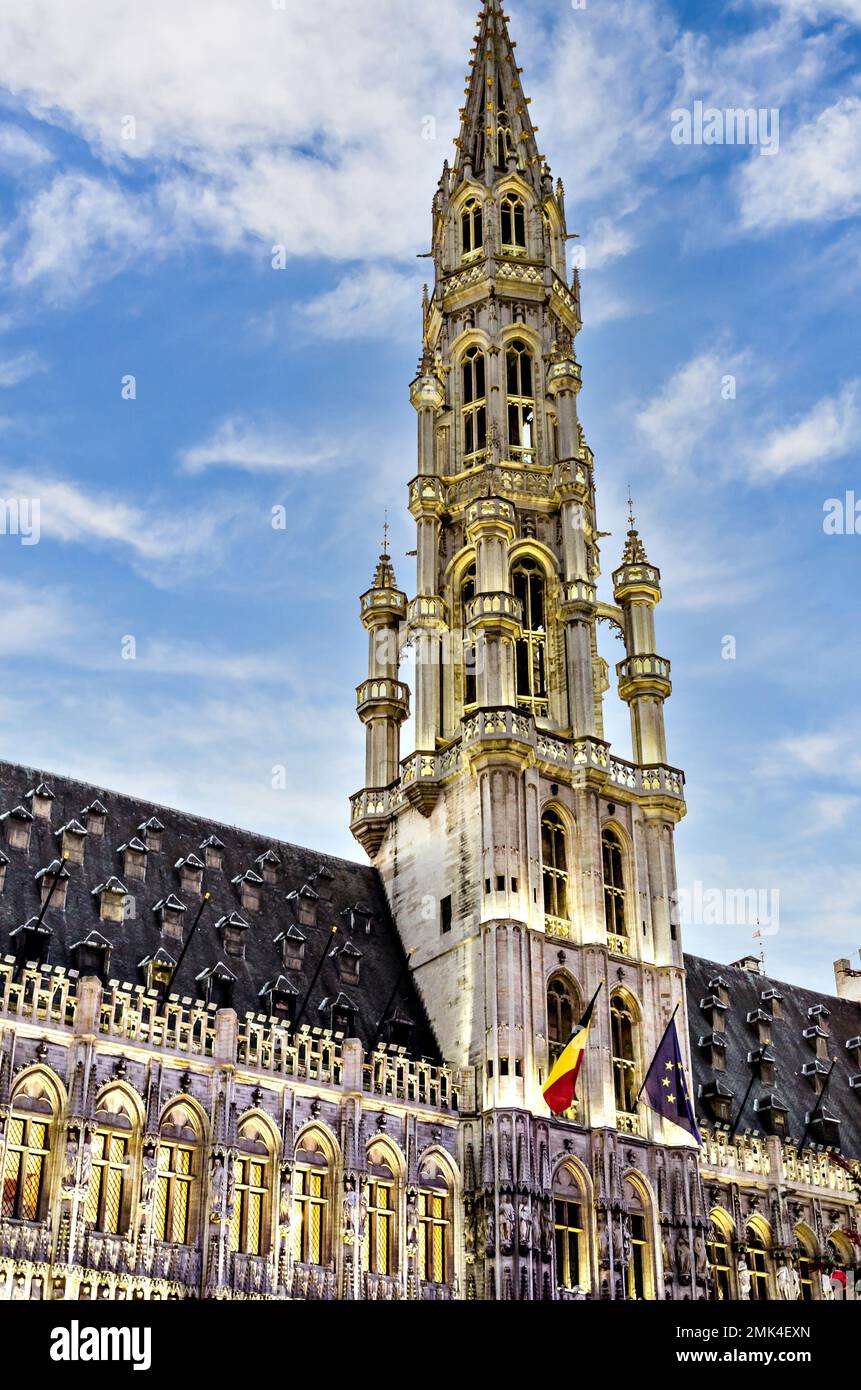 The Grand Place (Grote Mark in Flemish), tower of the City Hall, Brussels, Belgium Stock Photo ...