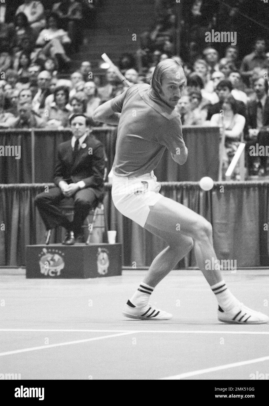 Stan Smith of the U.S. keeps his eye on the ball as he prepared to ...
