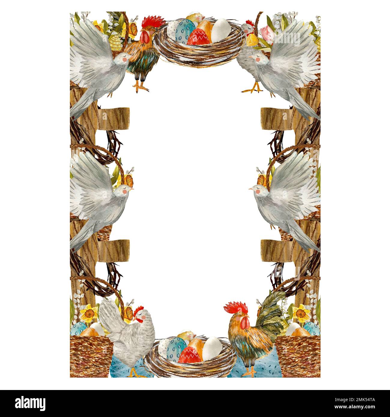 Frame pigeon cross rooster nest egg watercolor Stock Photo - Alamy